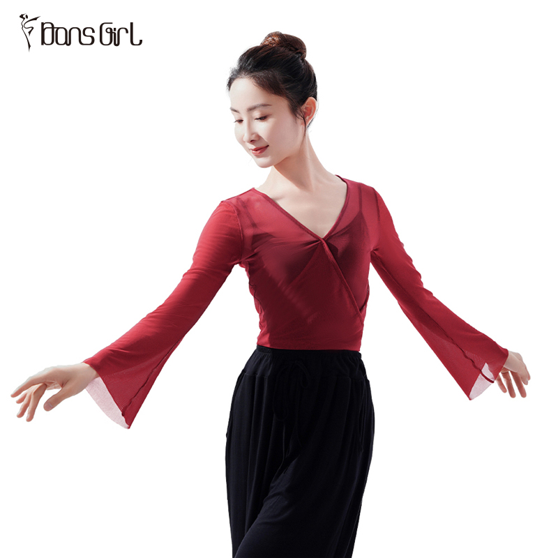 Burgundy Flared Long Sleeve Mesh Top For Ballet | Dansgirl
